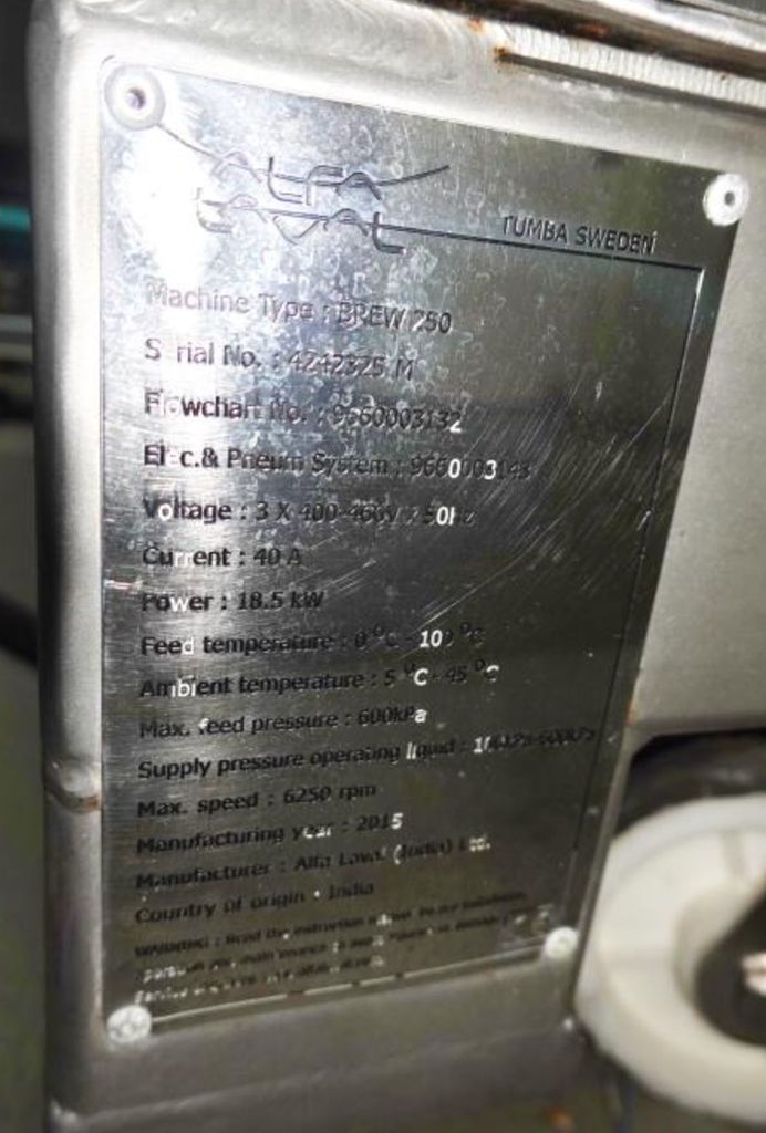 Alfa-Laval Brew 250 hermetic clarifier centrifuge module, 316SS ...